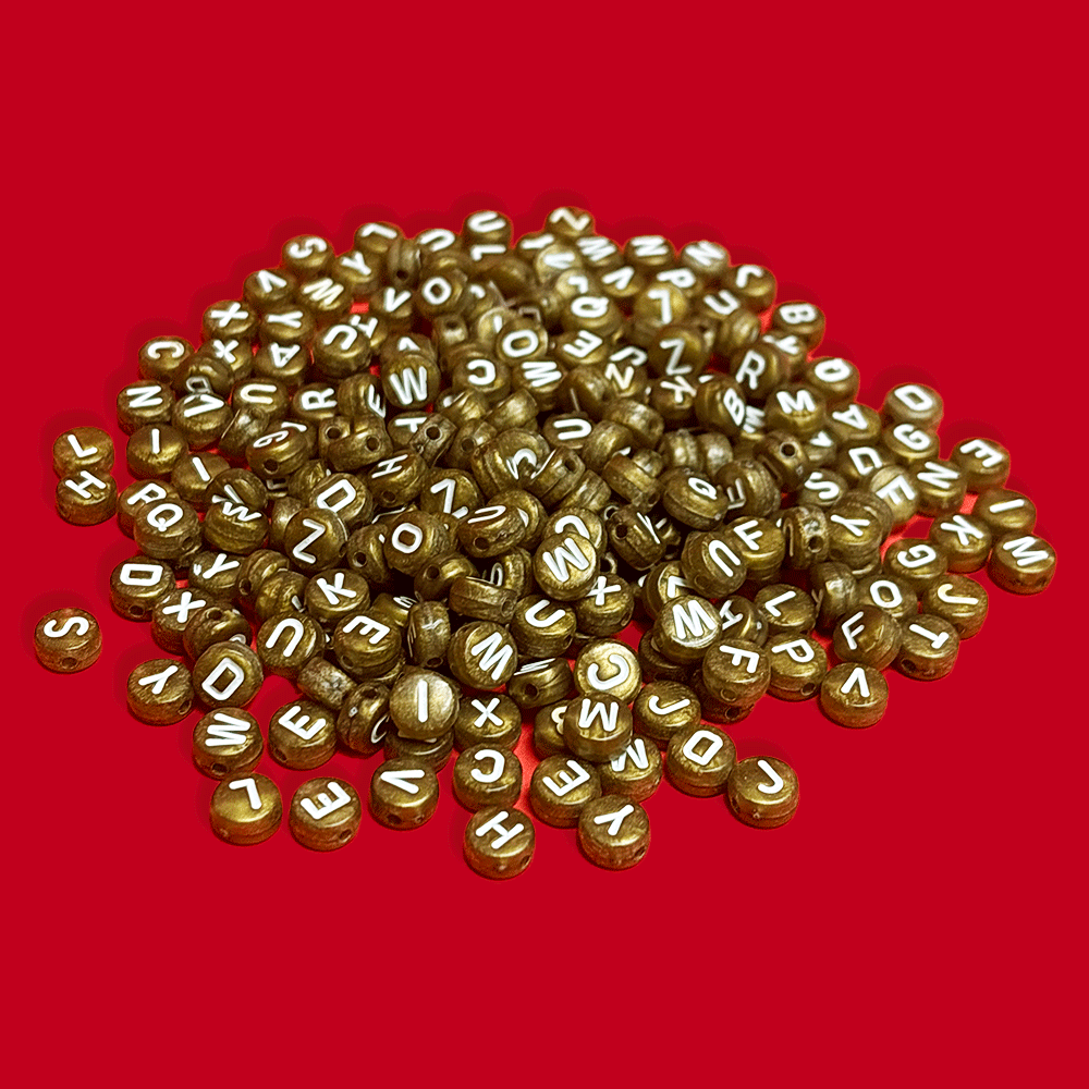 Gold Alphabet Beads / White Letters; 28 grams | Alonso Sobrino