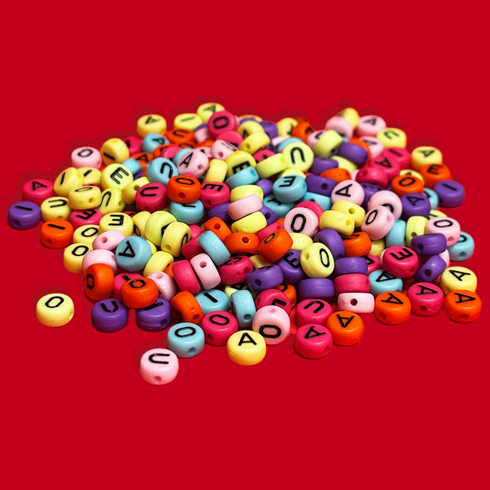 Multicolor Vowels Alphabet Beads / Black Letters; 28 grams | Alonso Sobrino